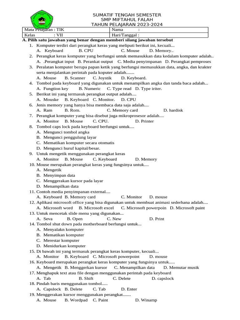 soal tik kls 1 | PDF