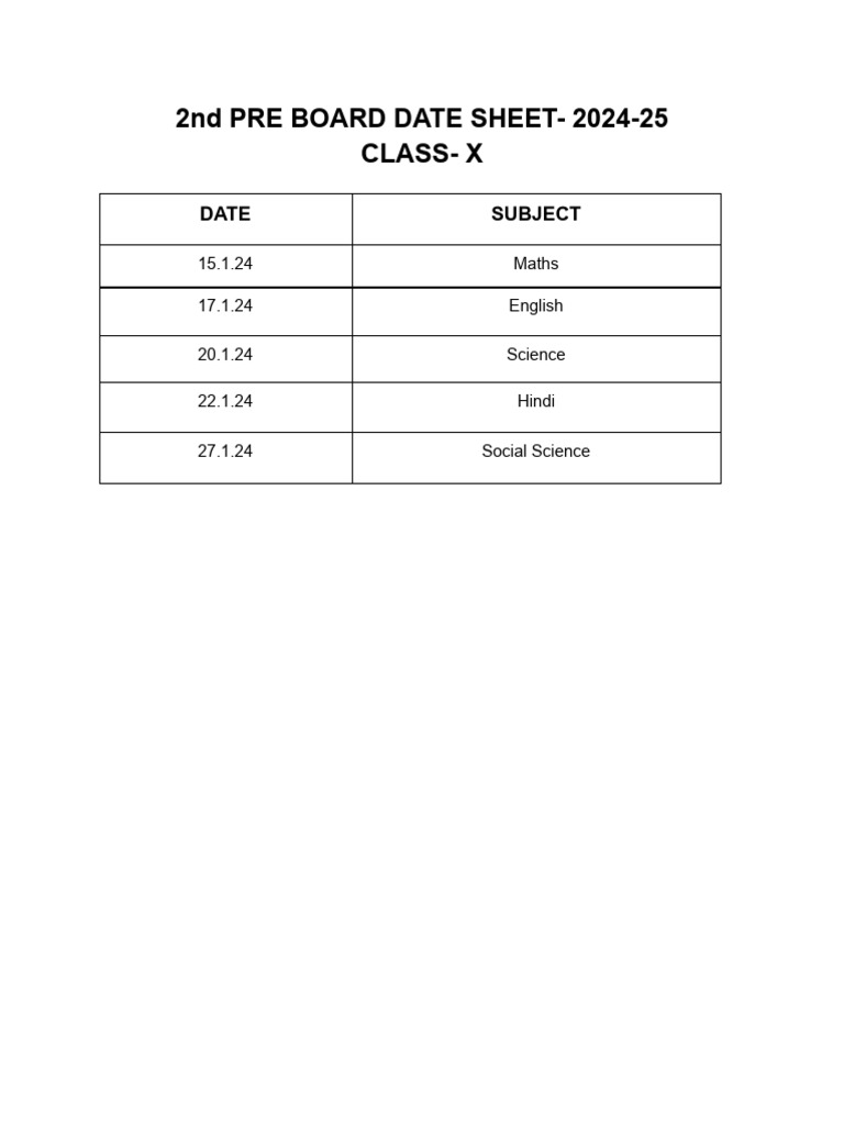 2nd Pre Board Date Sheet X- 2024-25 | PDF