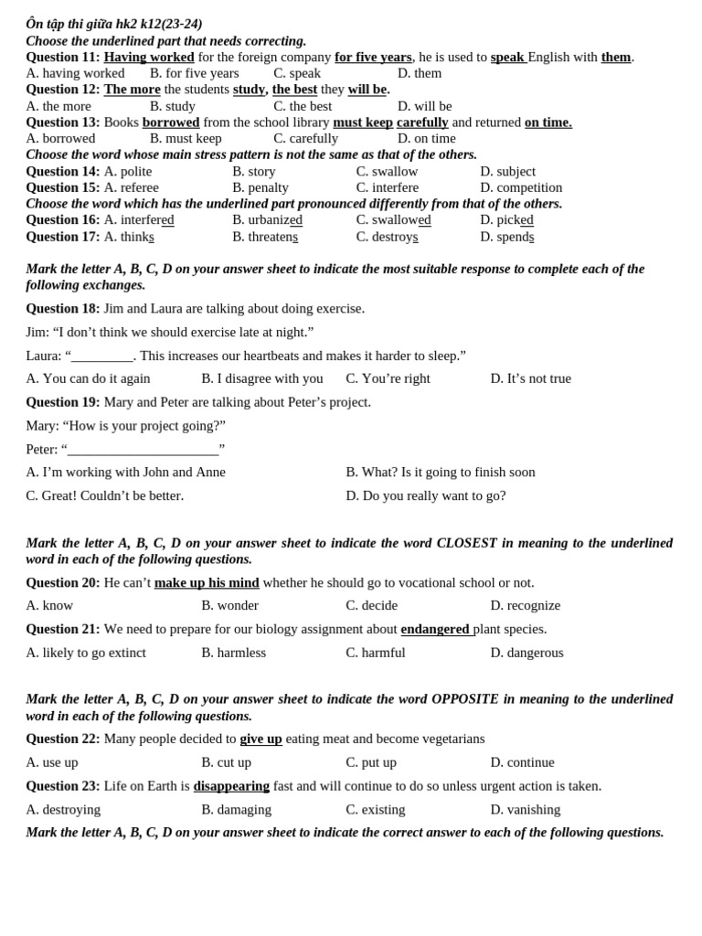 Ôn Tập Thi Giữa hk2 k12 - Lms | PDF | Extinction | Endangered Species