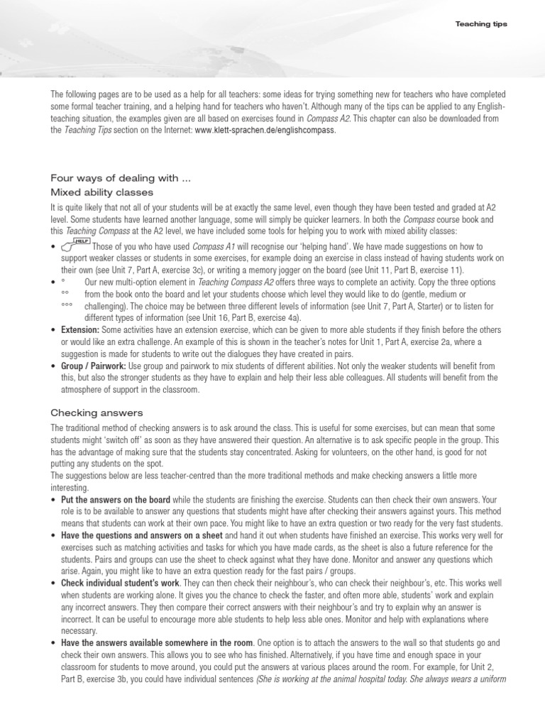 Compass A2 Teaching Tips | PDF | Reading Comprehension | Human ...