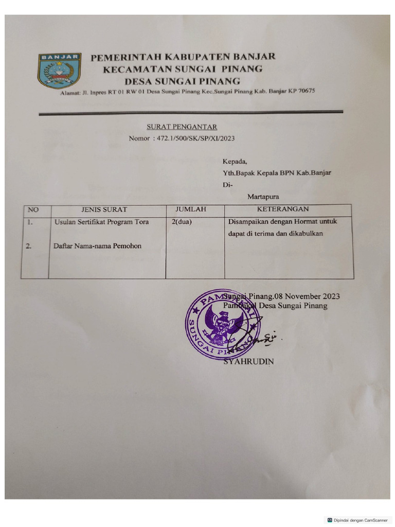 Usulan Sertifikat TORA Desa Sungai Pinang | PDF