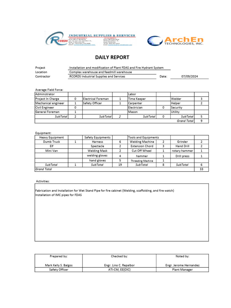 Daily Report: FDAS & Fire Hydrant Installation | PDF | Manufactured ...