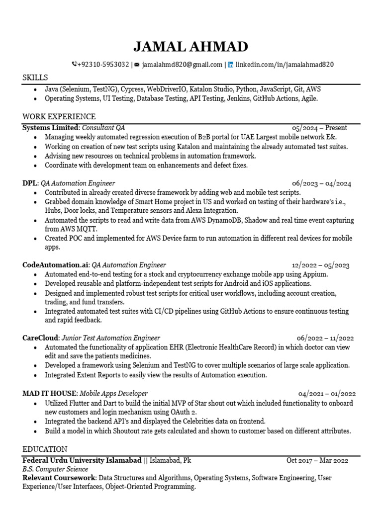 Jamal Ahmad Resume QA Automation | PDF | Automation | Mobile App