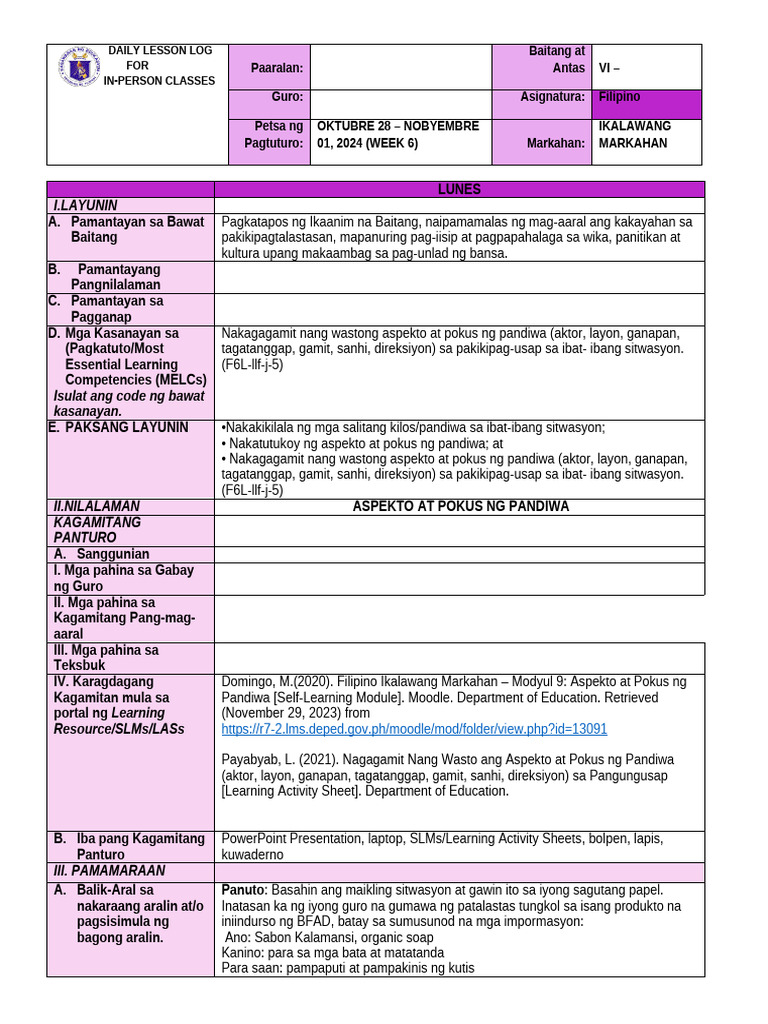 Daily Lesson Log For Filipino 6 Cot | PDF