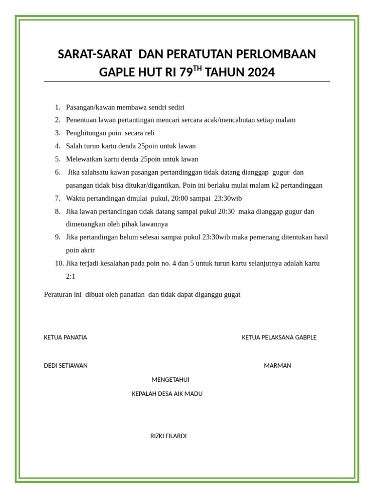 Sarat Sarat Dan Peratutan Perlombaan Gabple Hut Ri 79TH Tahun 2024 | PDF