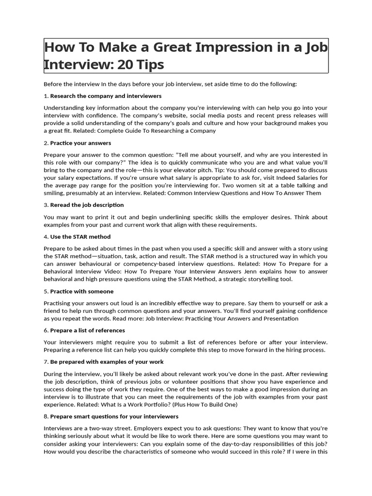 How to Make a Great Impression in a Job Interview | PDF | Job Interview ...