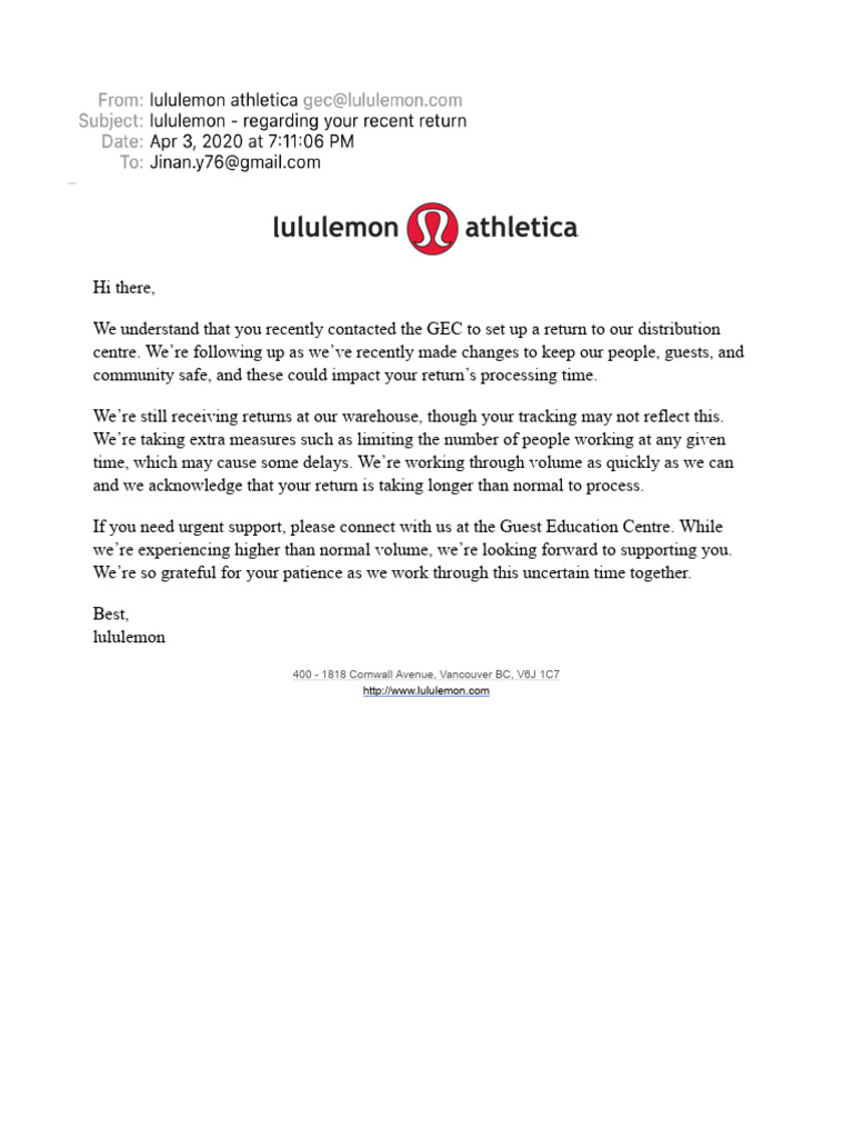 Lululemon - Regarding Your Recent Return | PDF