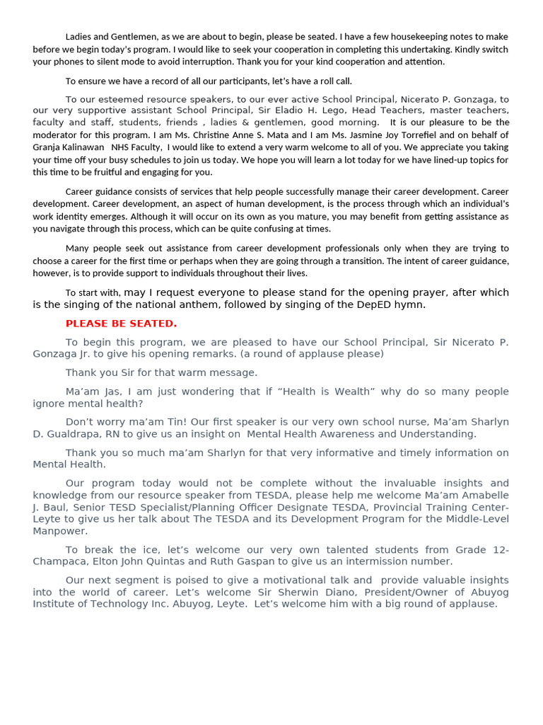 Career Guidance Program Emcee Script | PDF