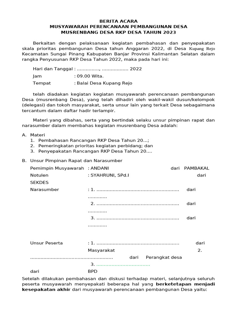 BA. Musrenbang Desa RKP Desa OK | PDF