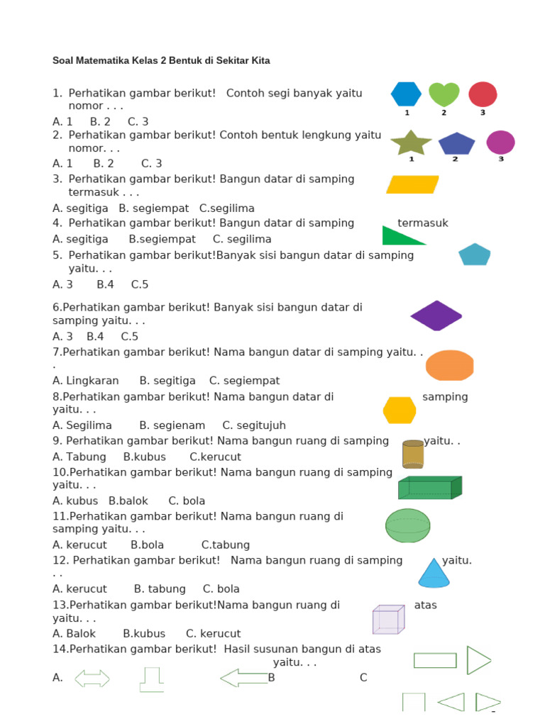 Soal Matematika Kelas 2 Bentuk Di Sekitar Kita | PDF