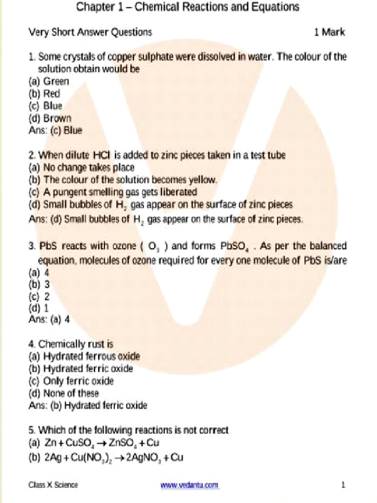 Important Questions-Chemical Equations and Reaction | PDF | Chemical ...