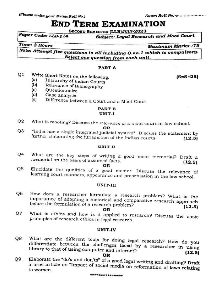 Legal Research and Moot Court 2023 Question Paper | PDF