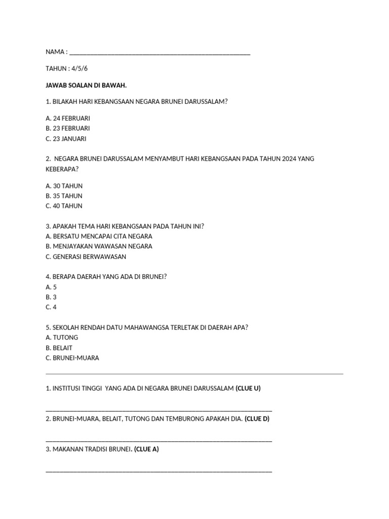 Kuiz Aktiviti Hari Kebangsaan 2024 | PDF