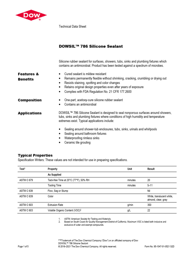 95 1047 01 Dowsil 786 Silicone Sealant | PDF | Silicone | Volatile ...