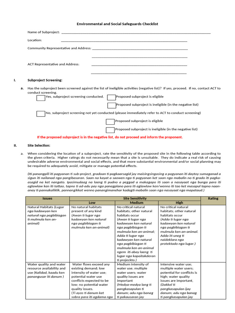 ESS Checklist - Localized | PDF | Agriculture | Wetland