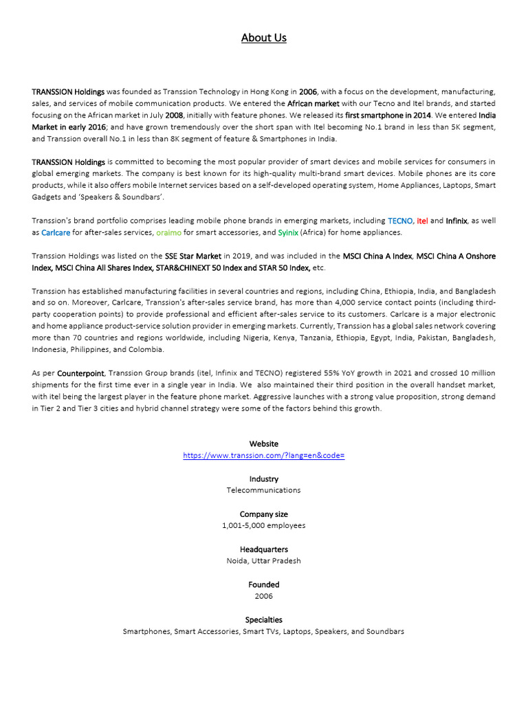Overview of Transsion Holdings | PDF | Mobile Telecommunications User ...