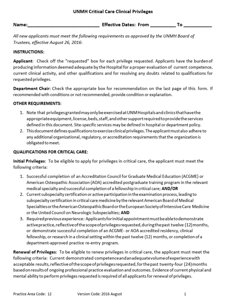 Critical Care Clinical Privilege | PDF | Intensive Care Medicine | Residency (Medicine)