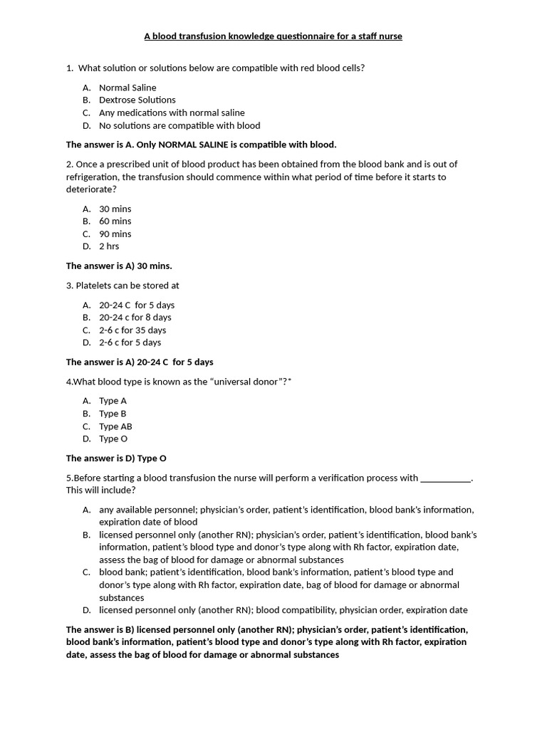 A Blood Transfusion Knowledge Questionnaire For A Staff Nurse May | PDF