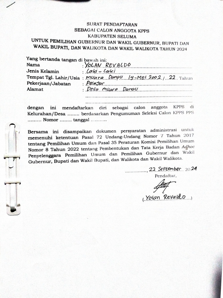Surat Pendaftaran Yolan | PDF