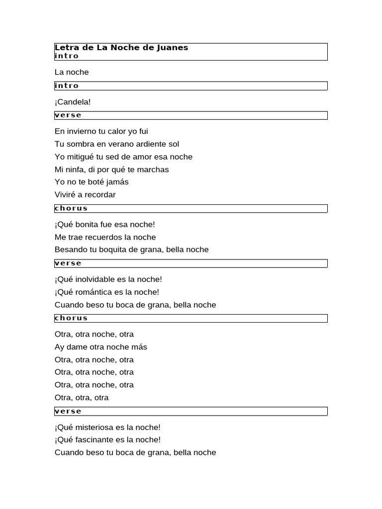 Letra de "La Noche" de Juanes | PDF