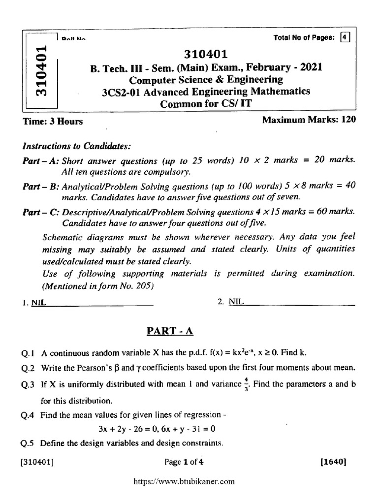 Btech Cs It 3 Sem Advanced Engineering Mathematics - 250105 - 085534 | PDF