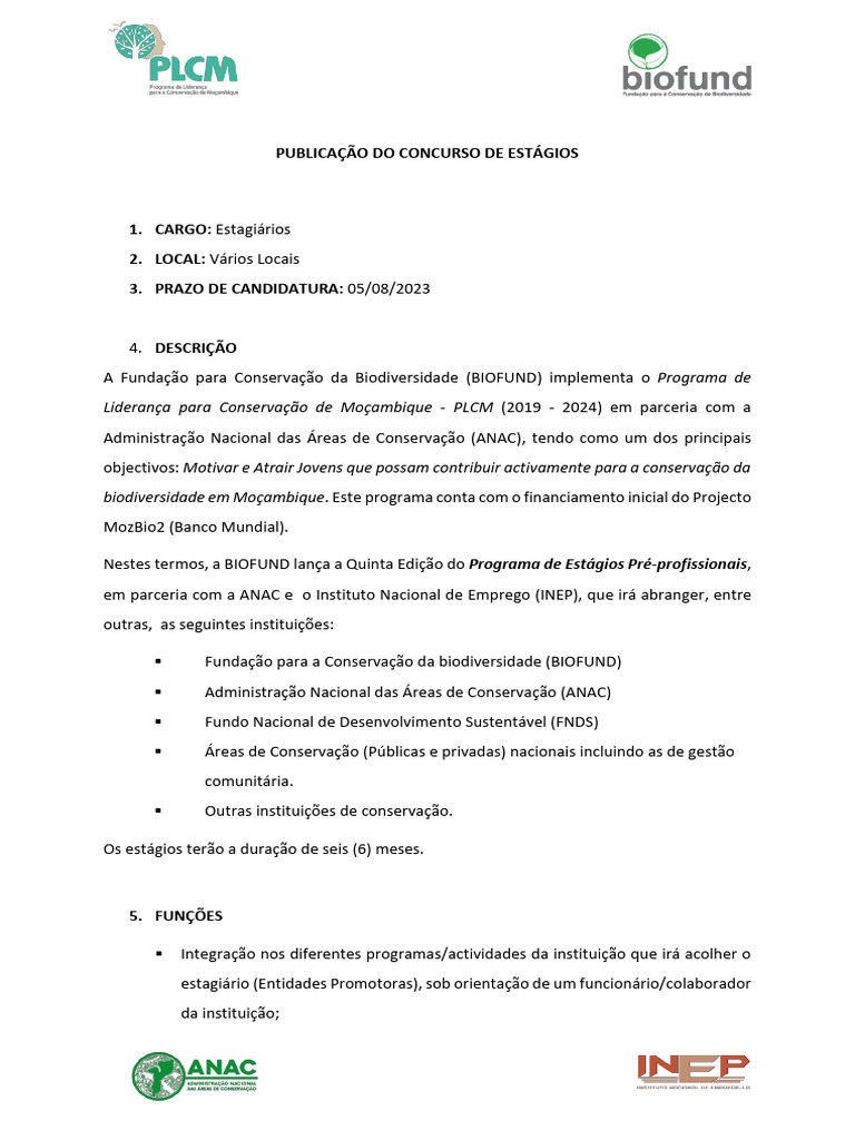 Estágios BIOFUND 2025 em Conservação | PDF | Biodiversidade | Moçambique