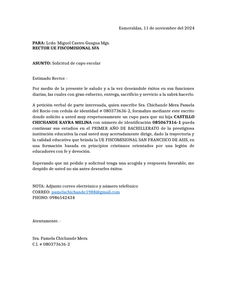 Solicitud de cupo escolar para bachillerato | PDF
