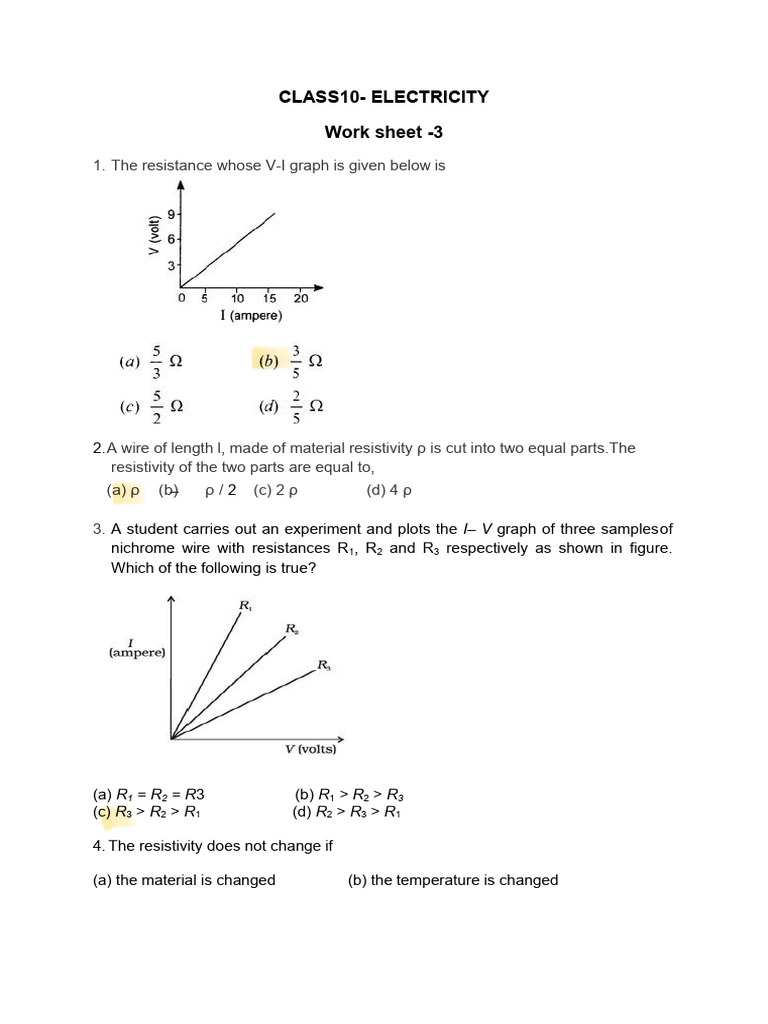 X_Science_Worksheet_Electricity -Worksheet 3 (MCQ'S) | PDF | Electrical ...