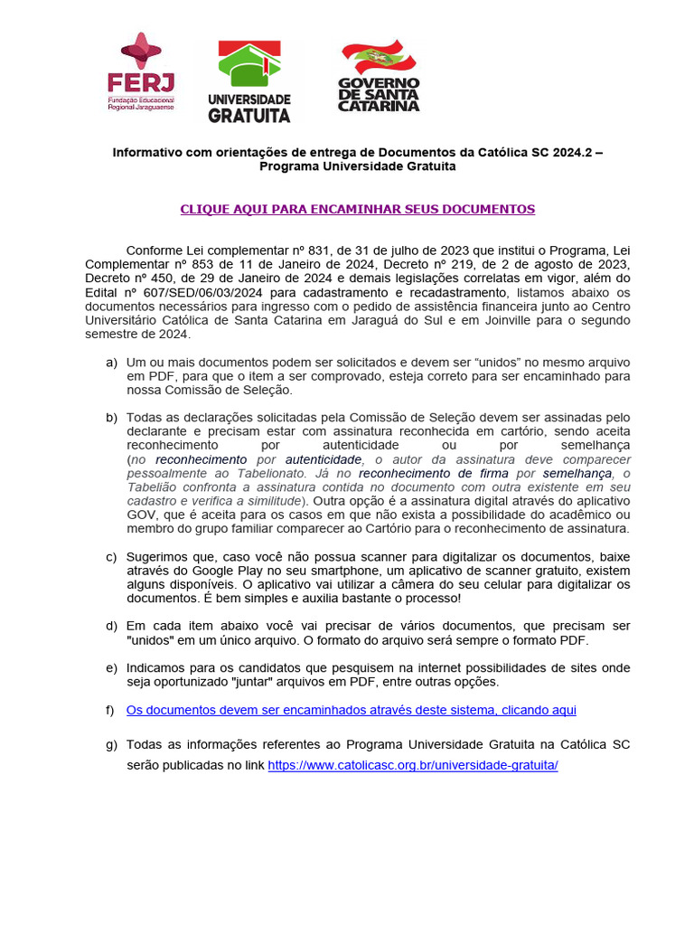 Novos Informativo Com Orientacoes de Entrega de Documentos Catolica SC 2024 2 | PDF | Imposto de ...