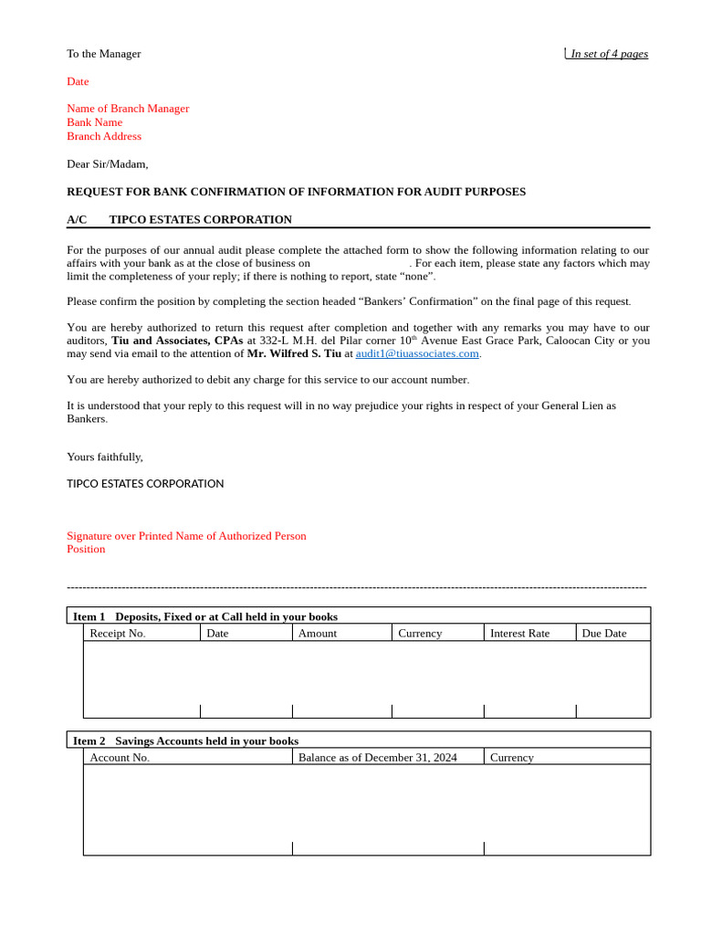 TECO - Bank Confirmation Template.31dec2024 | PDF | Banks | Business