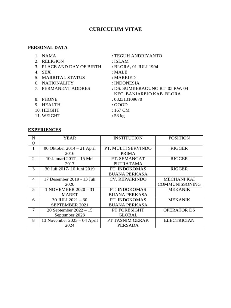 Curiculum Vitae Teguh | PDF