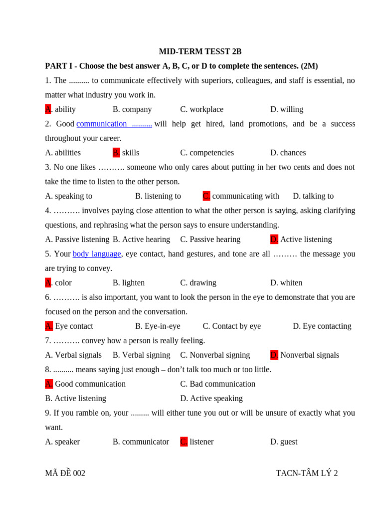 Mid-Term Test 2b-Key | PDF | Life Skills | Communication