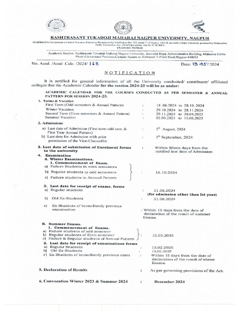RTMNU Academic Calendar 2024 25 | PDF