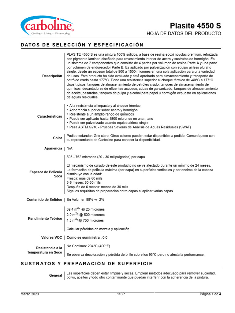 Plasite 4550 S PDS | PDF | Hormigón | Solvente