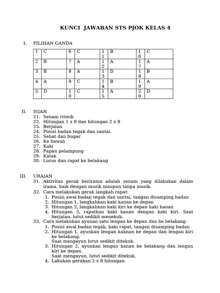 KUNCI JAWABAN STS PJOK KELAS 4 | PDF