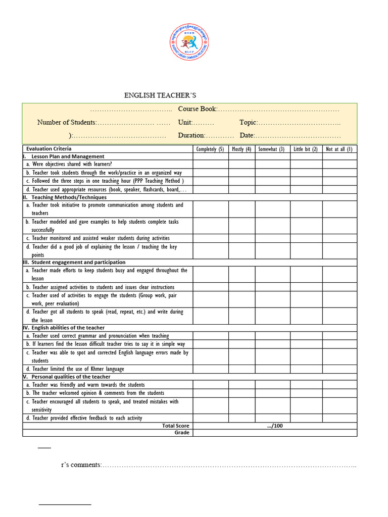 English Teacher Observation Form | PDF | Teachers | Lesson Plan