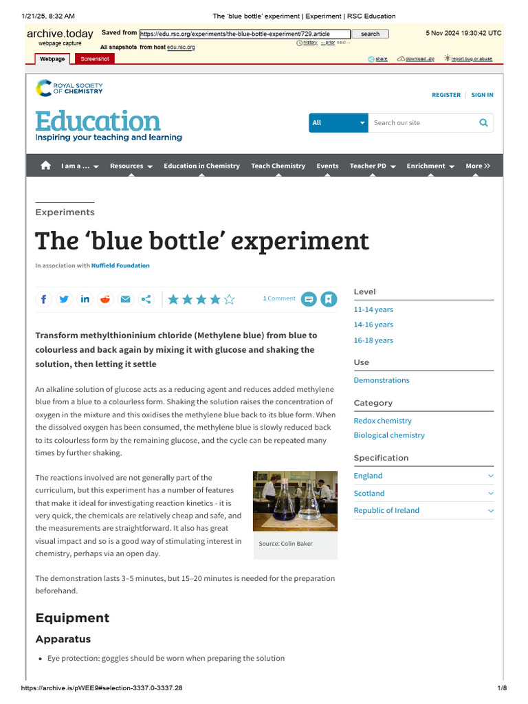 RSC Edu - The Blue Bottle Experiment | PDF | Chemistry | Chemical ...
