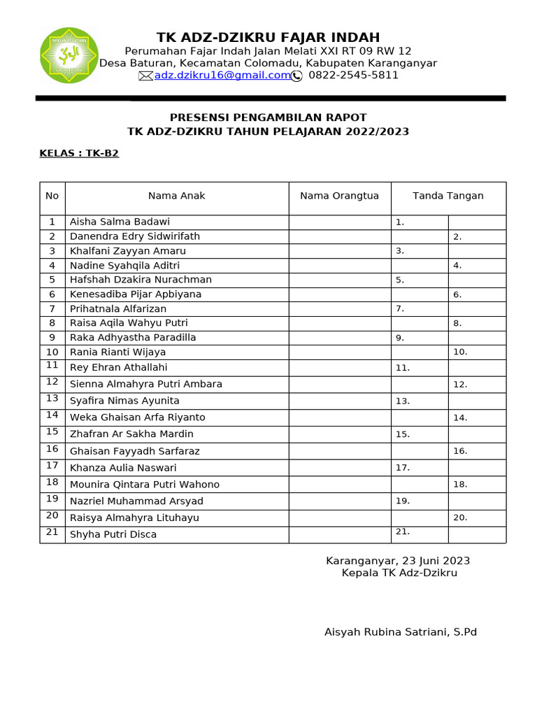 Presensi Rapot TK B2 | PDF