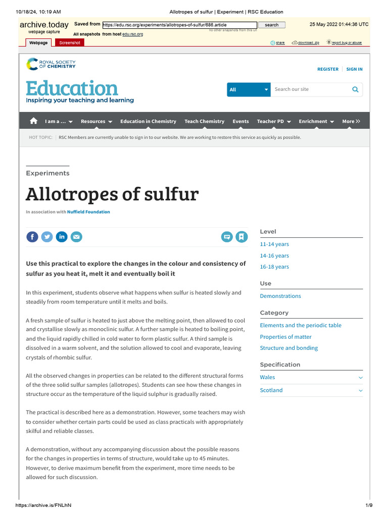 RSC Edu - Allotropes of Sulfur | PDF | Sulfur | Chemistry