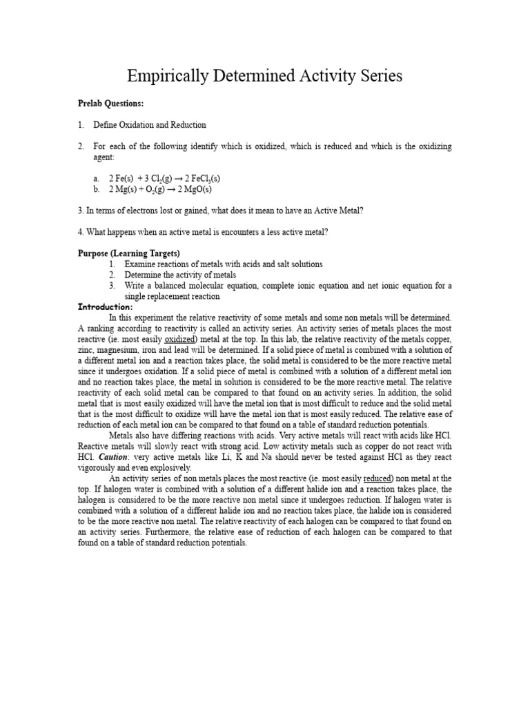 Activity Series Lab Inquiry Style | PDF | Redox | Metals