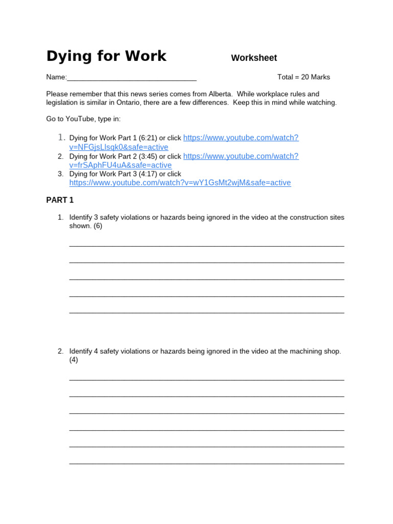 Workplace Safety Violations Worksheet | PDF | Occupational Safety And ...