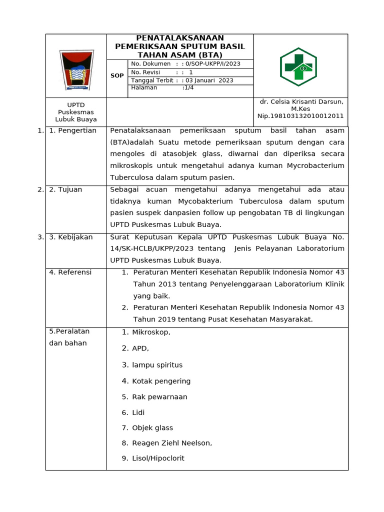 SOP Pemeriksaan Sputum BTA TB | PDF