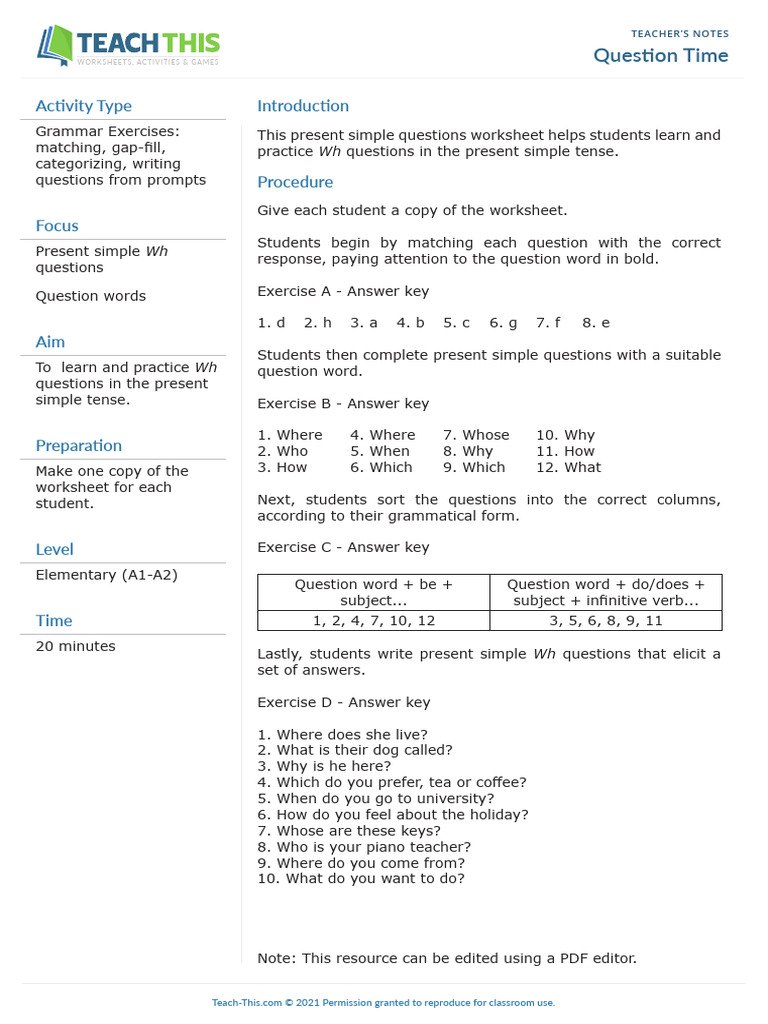 Question Time Present Simple Questions | PDF | Question | Grammar