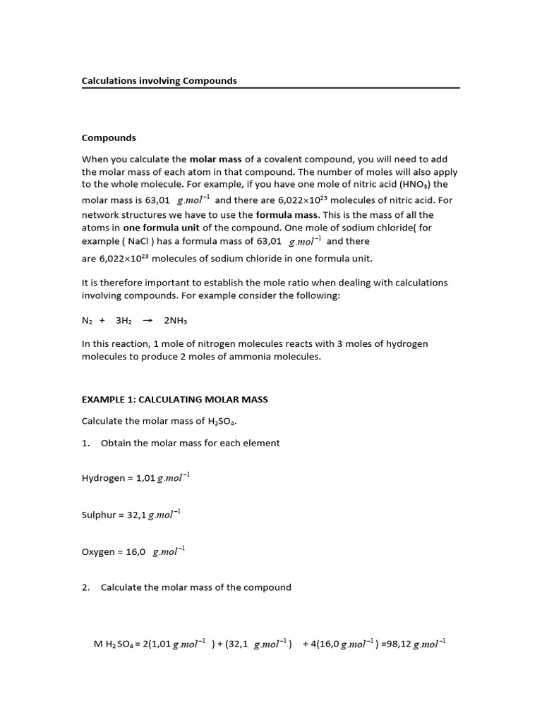 Calculations Involving Compounds | PDF | Mole (Unit) | Chemical Compounds