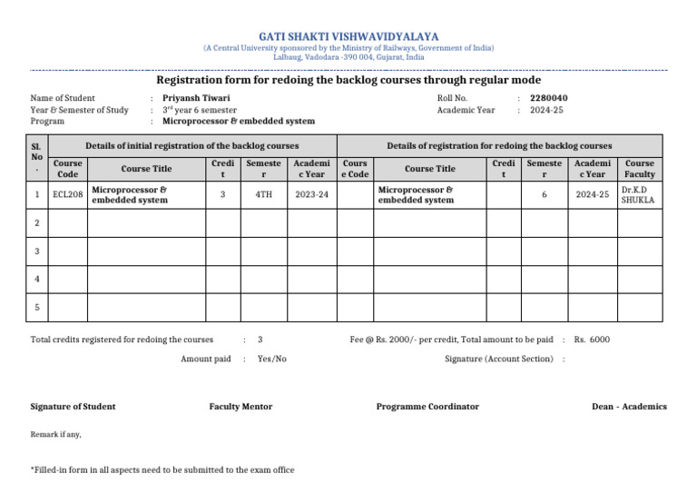 2. Registration form for redoing the backlog courses through regular ...