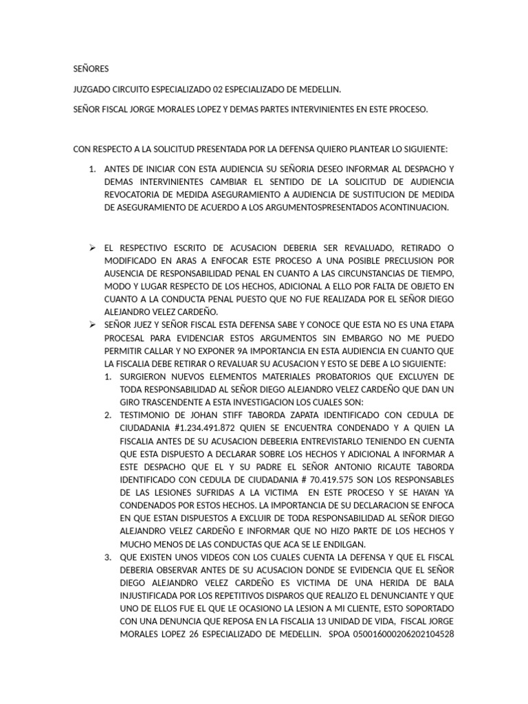 Sustentacion Revocatoria de Medida de Aseguramiento | PDF | Fiscal | Ley procesal