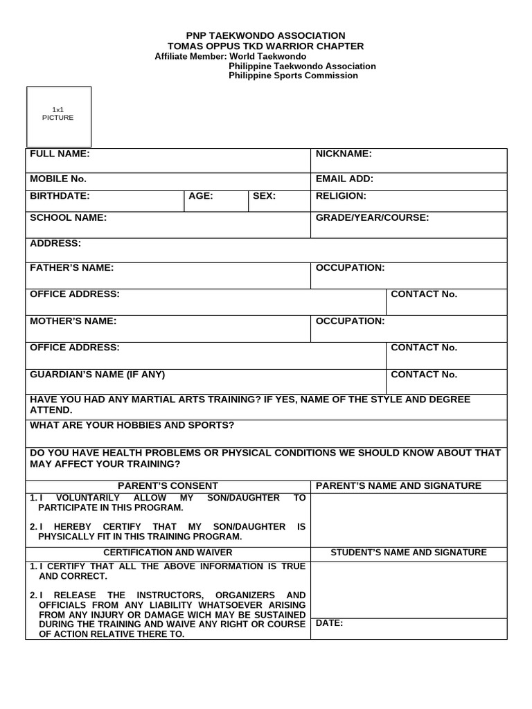Taekwondo Registration Form Template | PDF
