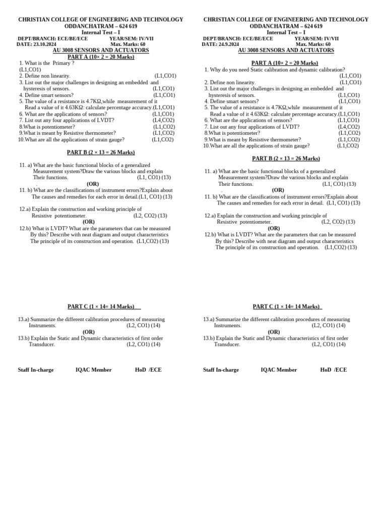 Sensors and Actuators - INT 1 IV ECE - 2024 | PDF | Electrical ...