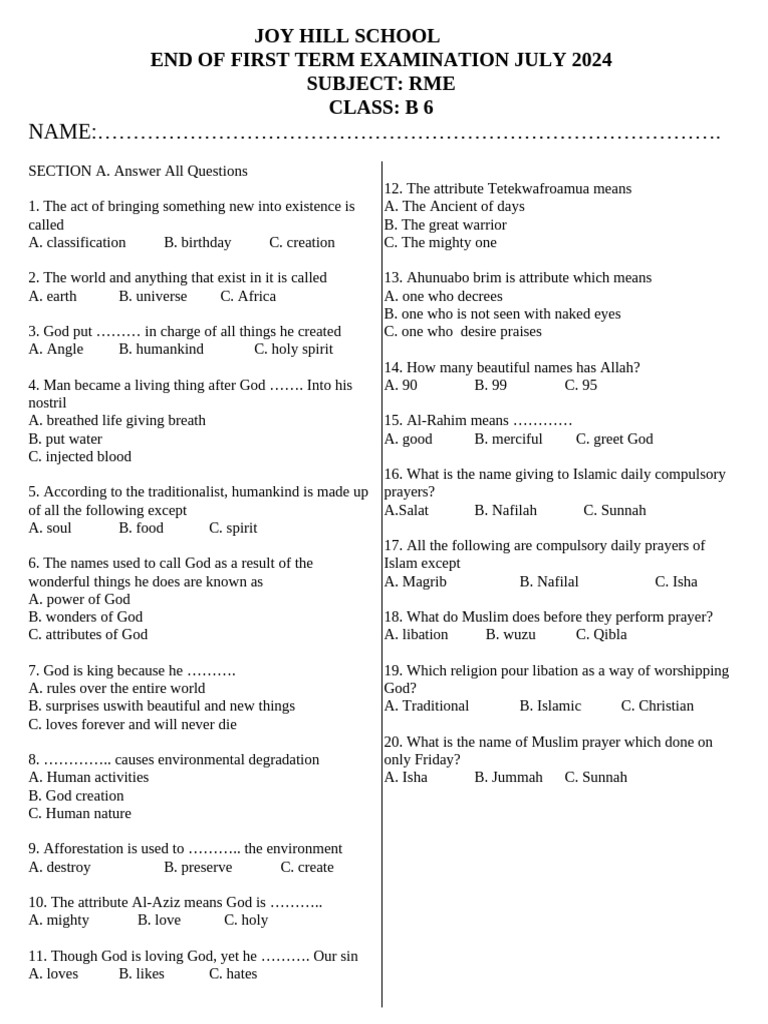 RME Exam Questions for Class B 6 | PDF | God | Religious Belief And ...