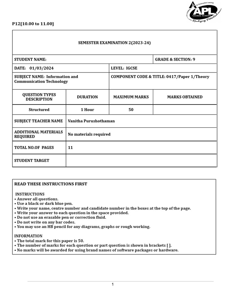 QP- SEMESTER-2(Gr 9)-ICT-0417-Paper 1 | PDF
